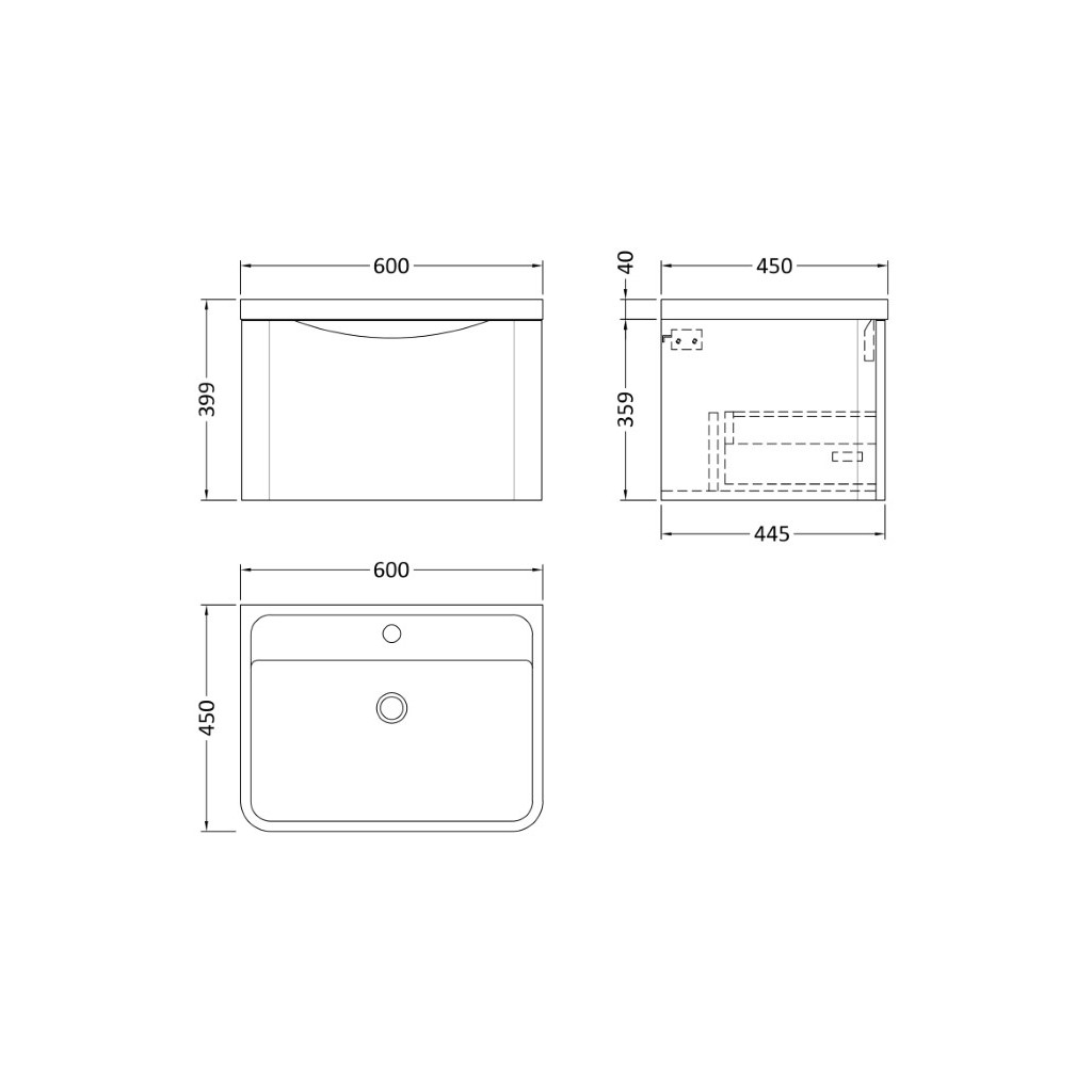 Nuie Lunar Vanity Unit & Basin - 600mm Wall Hung 1 Drawer - Polymarble ...
